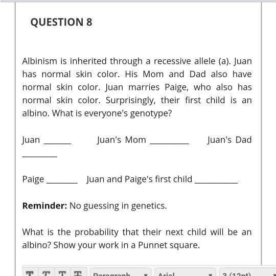 Solved QUESTION 8 Albinism is inherited through a recessive | Chegg.com