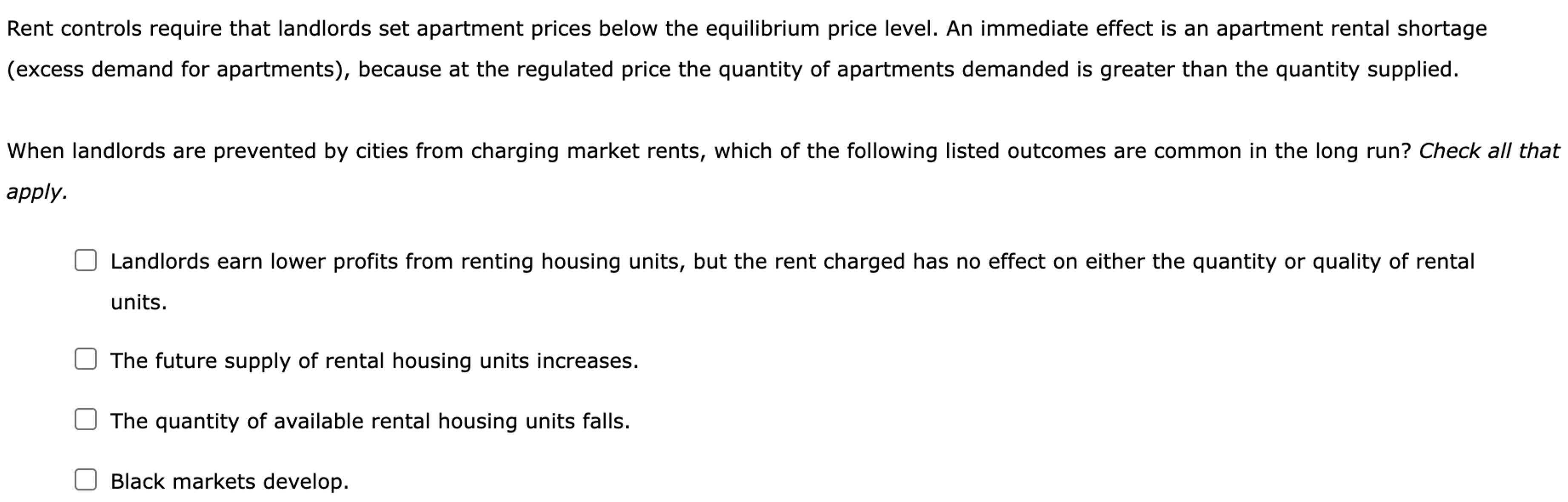 Solved Rent controls require that landlords set apartment | Chegg.com