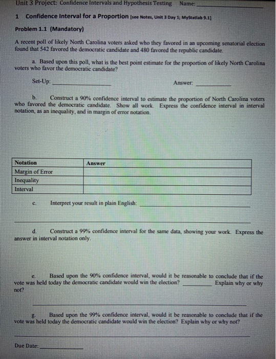 Solved Unit 3 Project: Confidence intervals and Hypothesis | Chegg.com