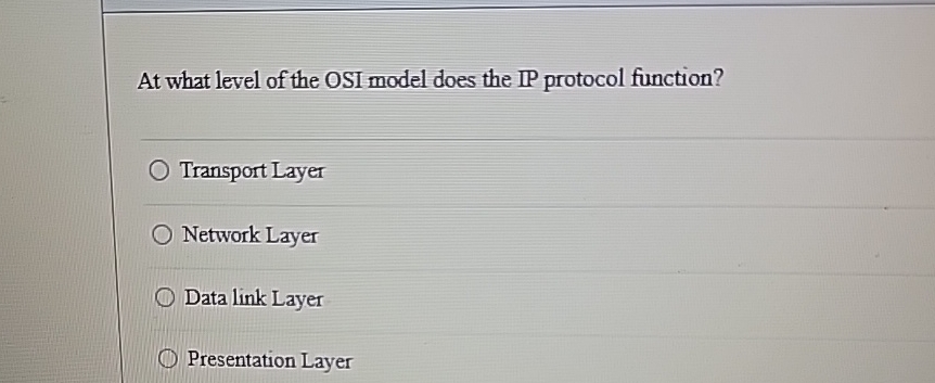 Solved At what level of the OSI model does the IP protocol | Chegg.com