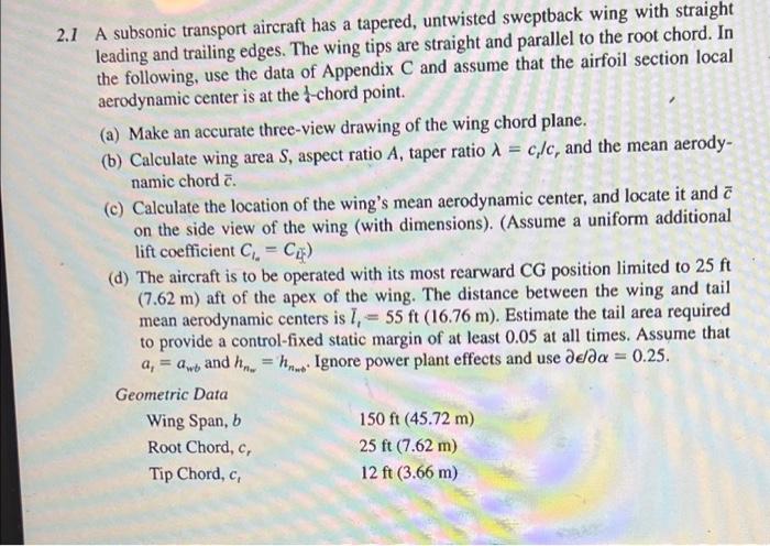 Solved 2.1 A subsonic transport aircraft has a tapered, | Chegg.com