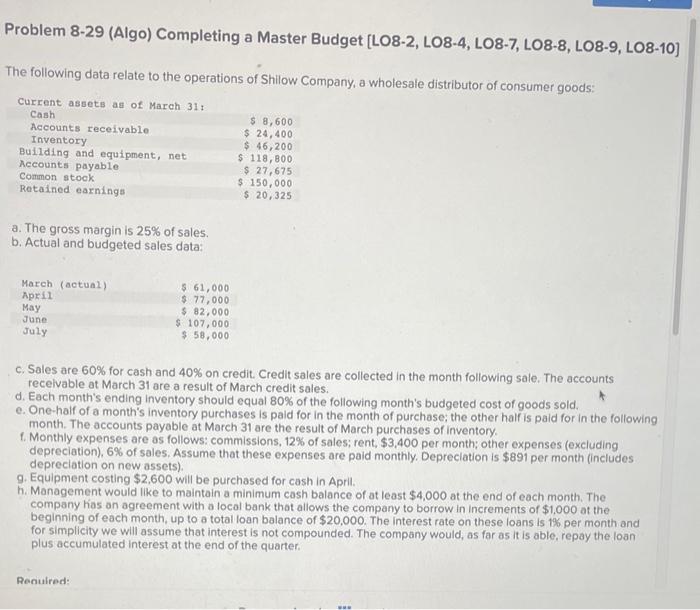 Solved Problem 8-29 (Algo) Completing a Master Budget | Chegg.com