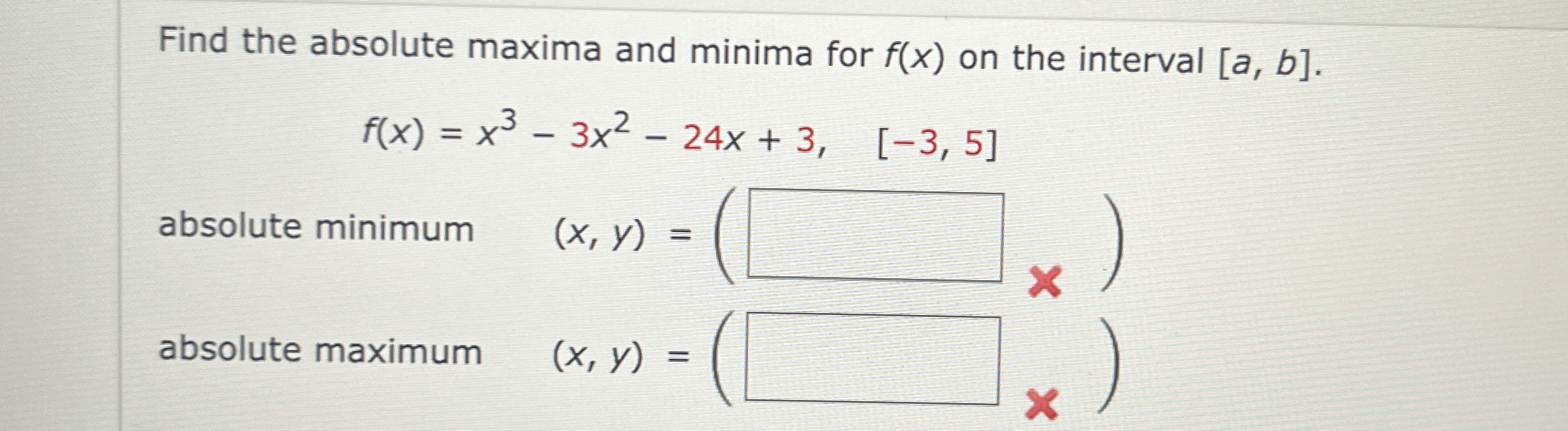 Solved Find the absolute maxima and minima for f(x) ﻿on the | Chegg.com