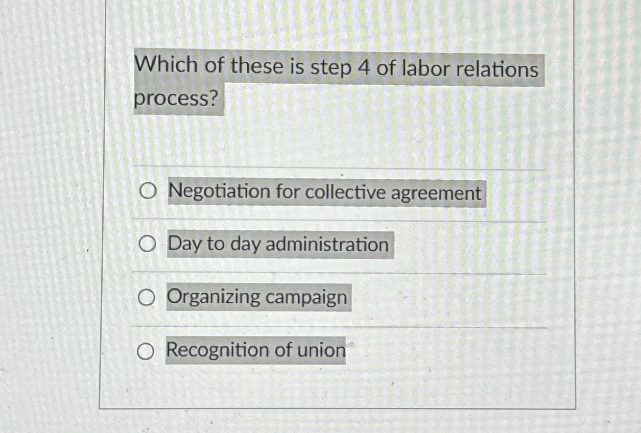 Solved Which of these is step 4 ﻿of labor relations | Chegg.com