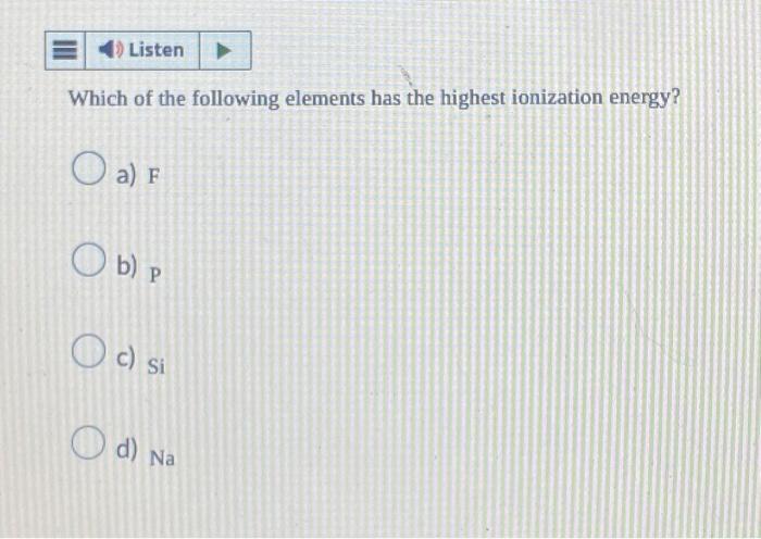 Solved Listen Which of the following elements has the | Chegg.com