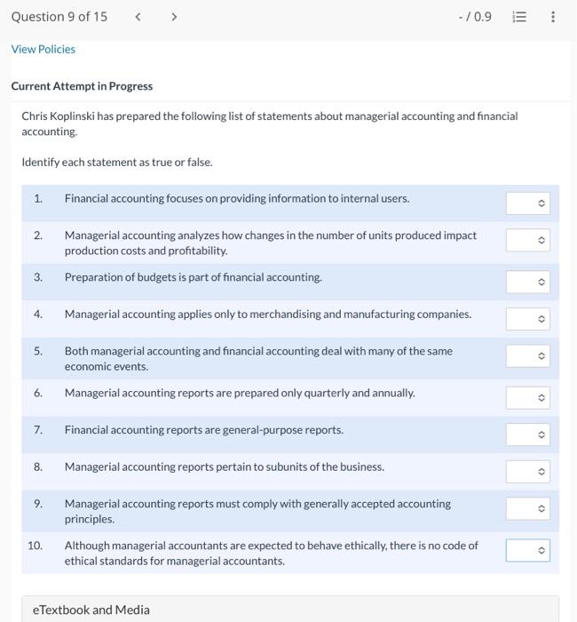 Solved Question 9 of 15 −10.9⋮ View Policies Current Attempt | Chegg.com