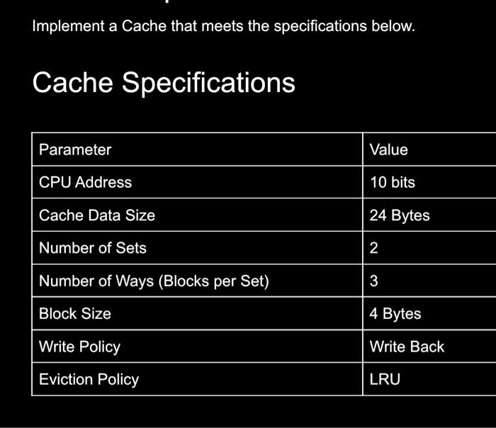 IMPLEMENTING CACHE WITH GIVEN SPECIFICATIONS please | Chegg.com
