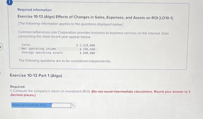 Solved Required information Exercise 10-13 (Algo) Effects of | Chegg.com