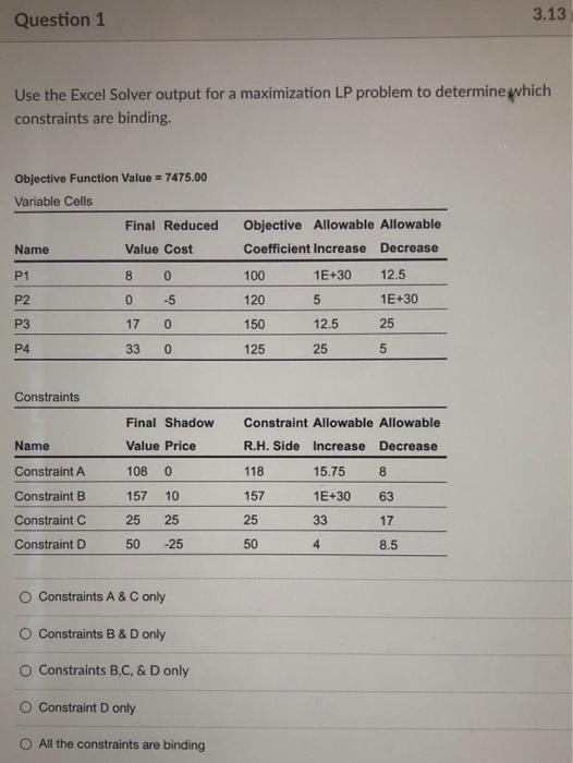 Solved Question 1 313 Use The Excel Solver Output For A