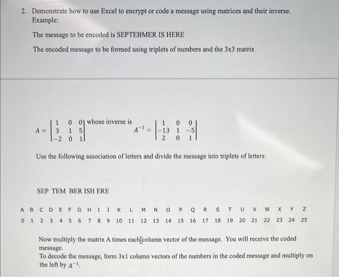 Solved 2. Demonstrate how to use Excel to encrypt or code a | Chegg.com