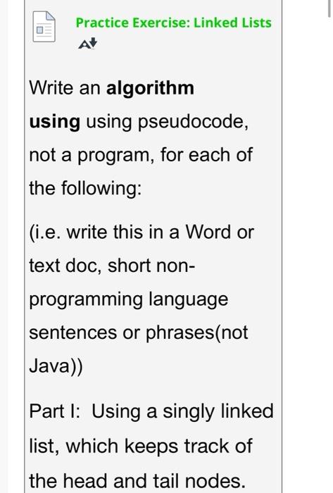 Solved Practice Exercise: Linked Lists A Write an algorithm | Chegg.com
