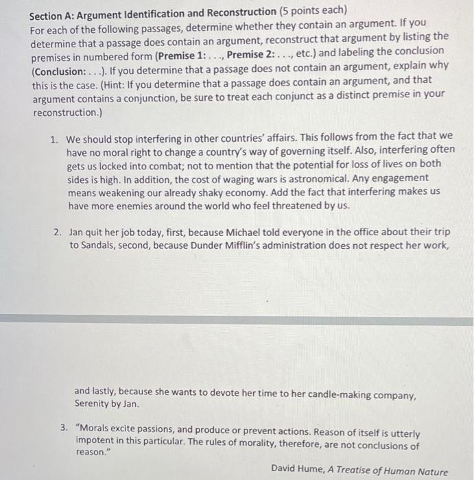 Section A: Argument Identification and Reconstruction | Chegg.com