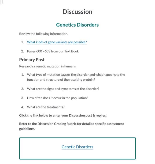 Solved Discussion Genetics Disorders Review the following | Chegg.com