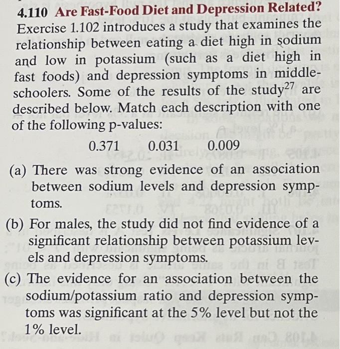 Solved 4.110 Are Fast-Food Diet and Depression Related? | Chegg.com