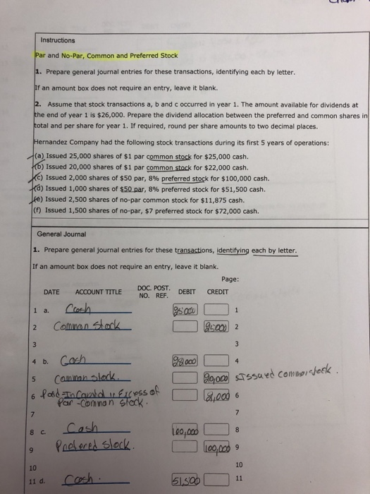 Solved Instructions Par and No-Par, Common and Preferred | Chegg.com