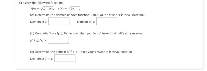 Solved Consider the following functions. f(x)=√x + 23, g(x) | Chegg.com