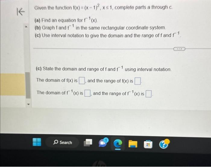 Solved Given the function f(x)=(x−1)2,x≤1, complete parts a | Chegg.com