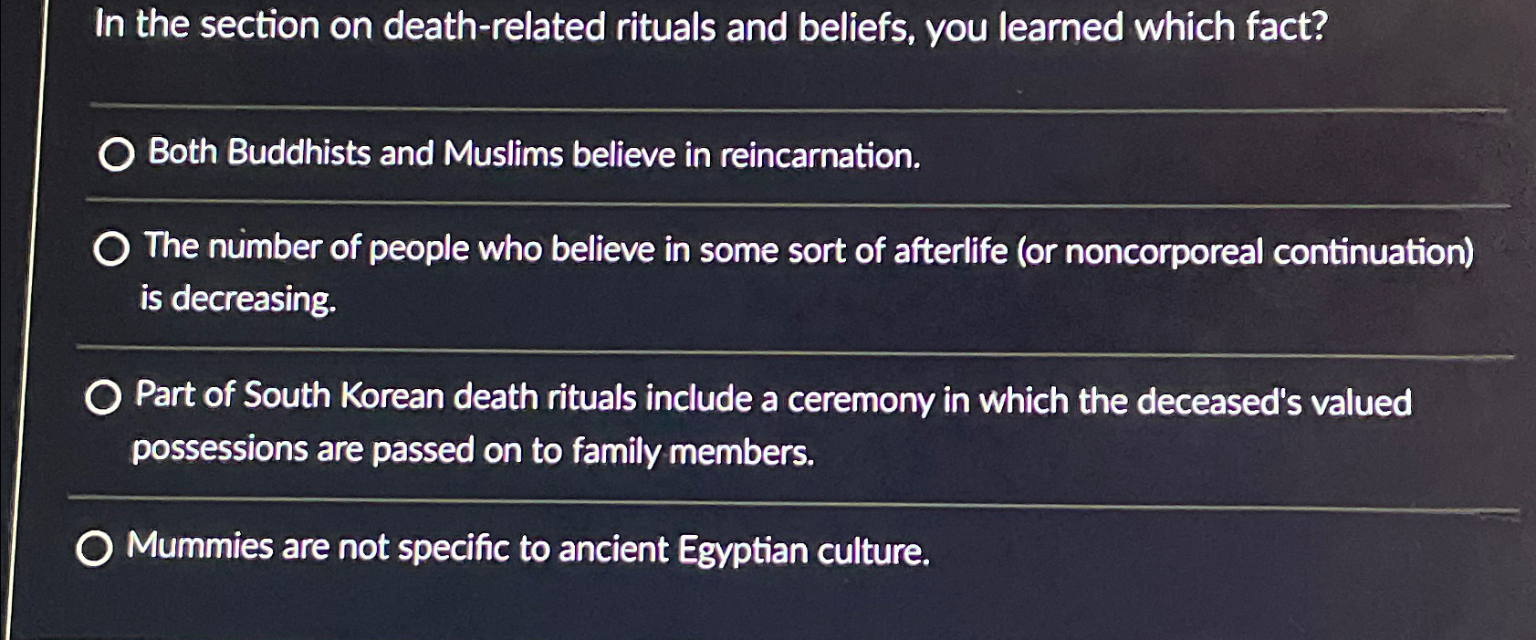 Solved In the section on death-related rituals and beliefs, | Chegg.com