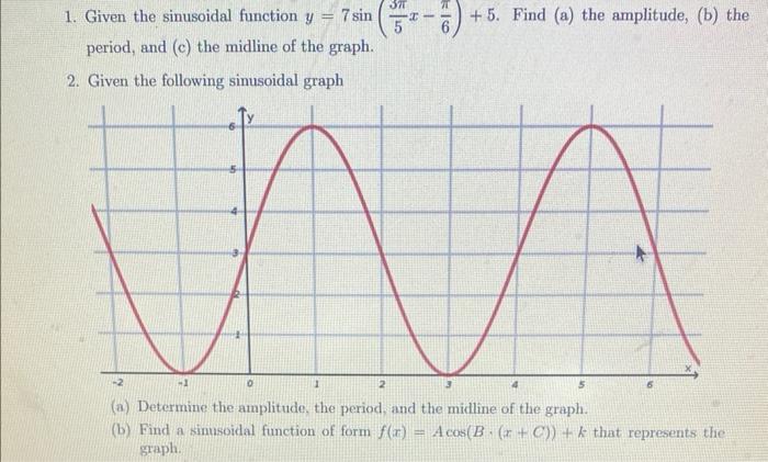 Solved 1. Given the sinusoidal function y=7sin(53πx−6π)+5. | Chegg.com