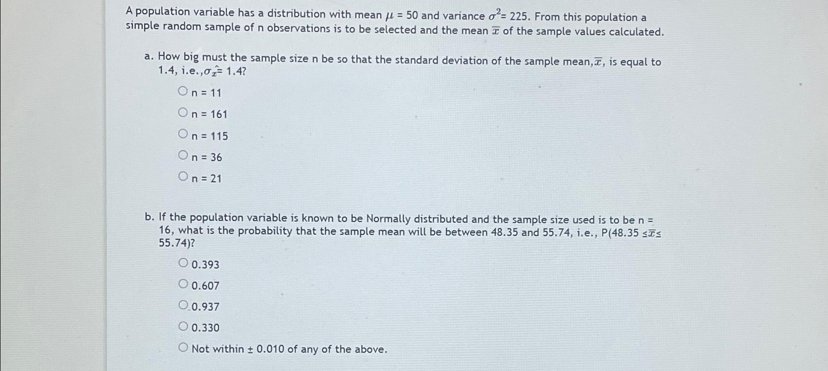 Solved A population variable has a distribution with mean | Chegg.com