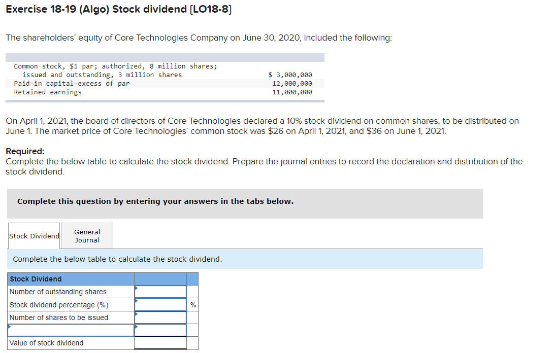 Solved Exercise 18-19 (Algo) ﻿Stock dividend [LO18-8]The | Chegg.com
