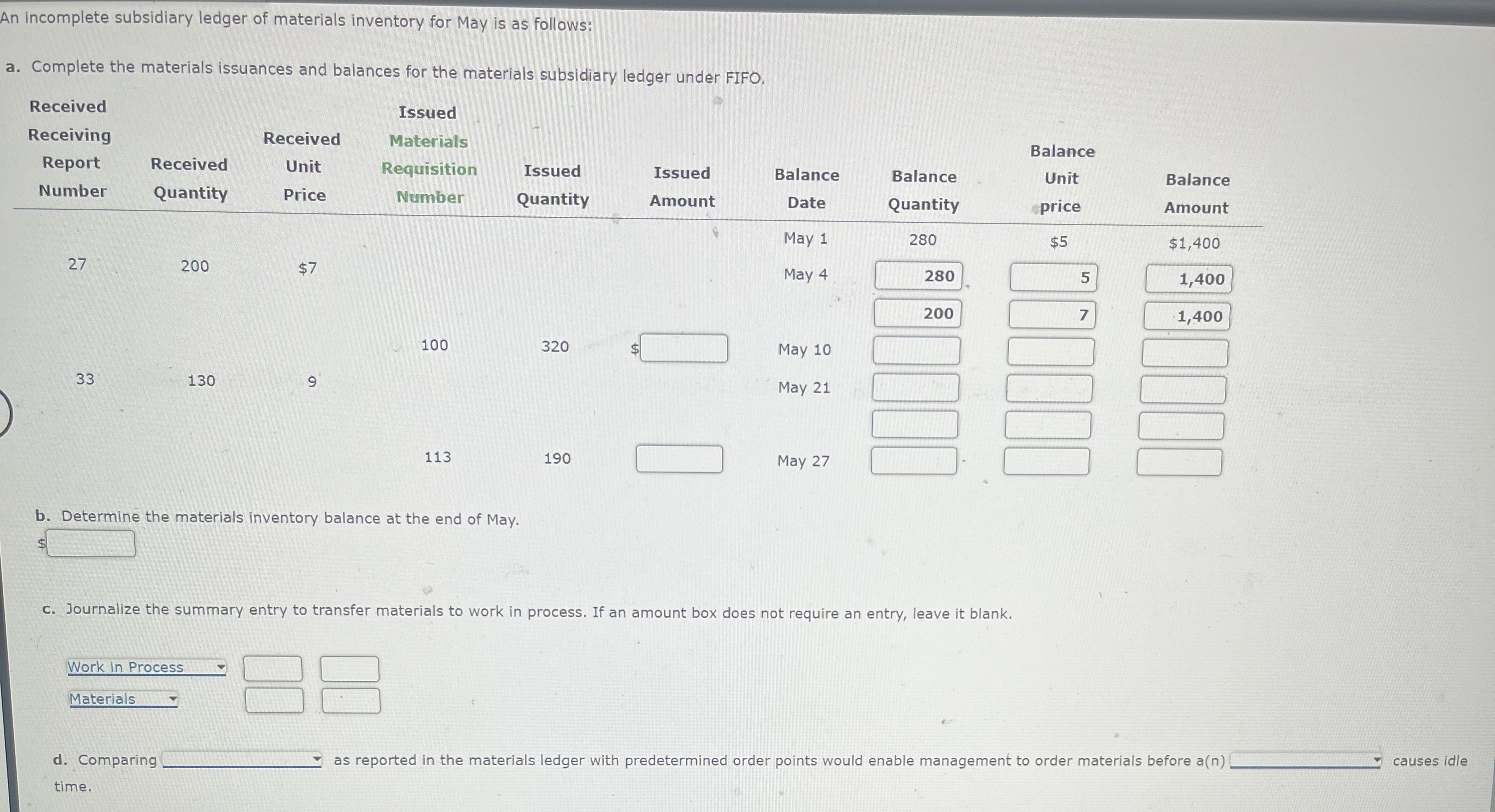 Solved An incomplete subsidiary ledger of materials | Chegg.com