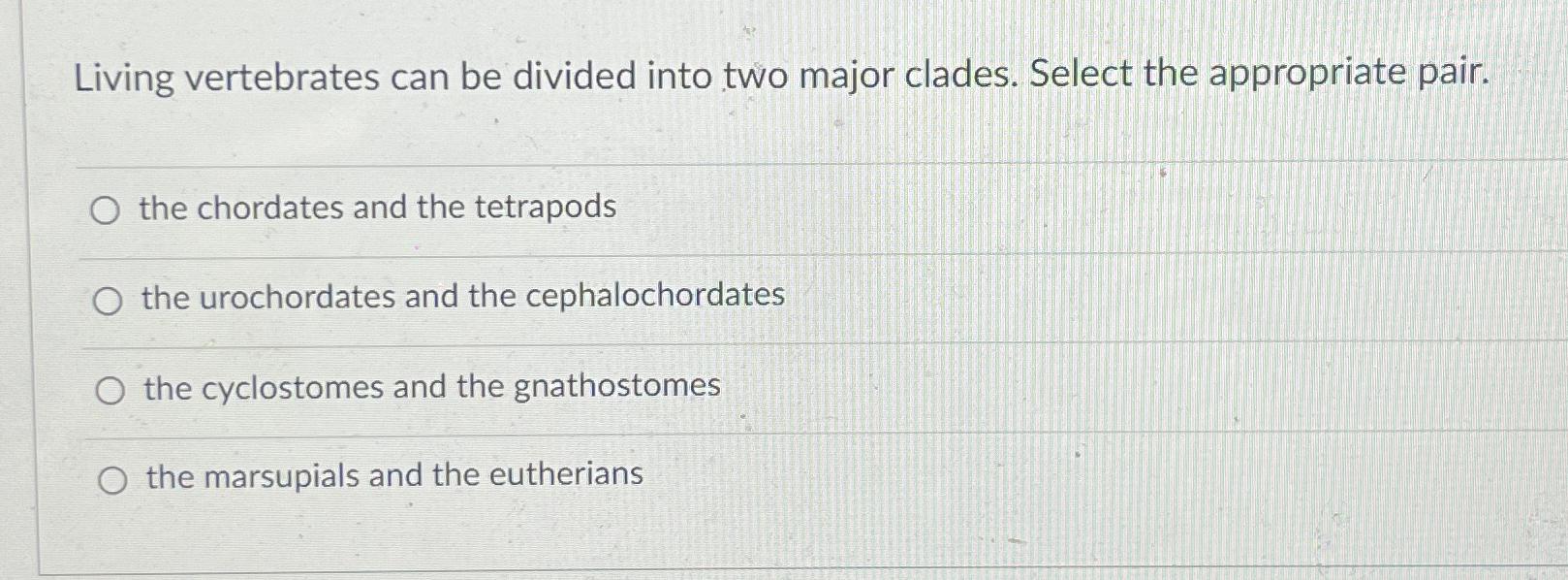 Solved Living vertebrates can be divided into two major | Chegg.com