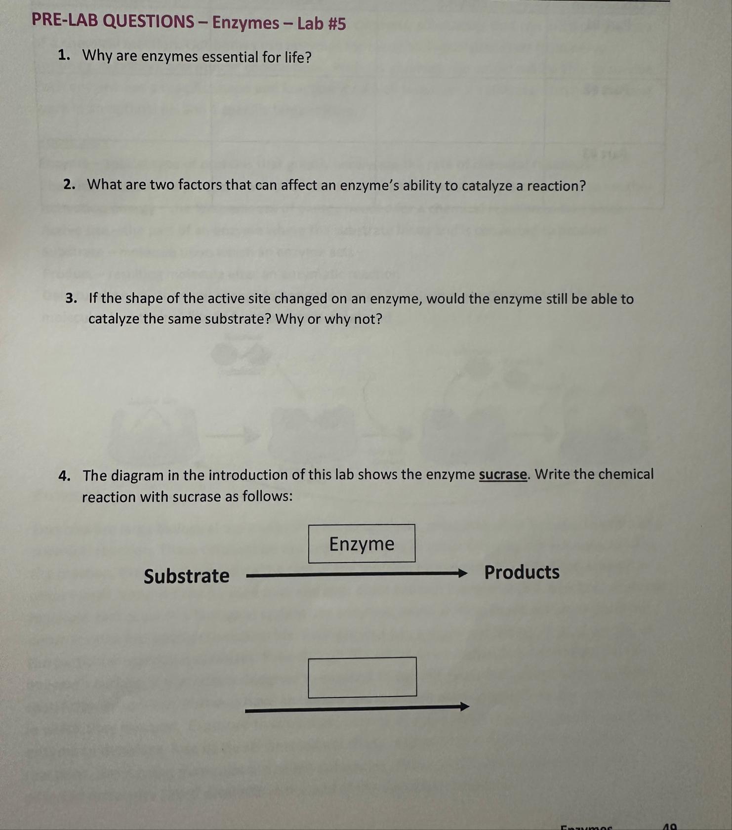 Solved PRE-LAB QUESTIONS - ﻿Enzymes - ﻿Lab #5Why are enzymes | Chegg.com