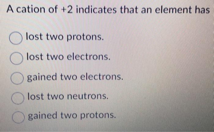 Solved A cation of +2 indicates that an element has lost two | Chegg.com