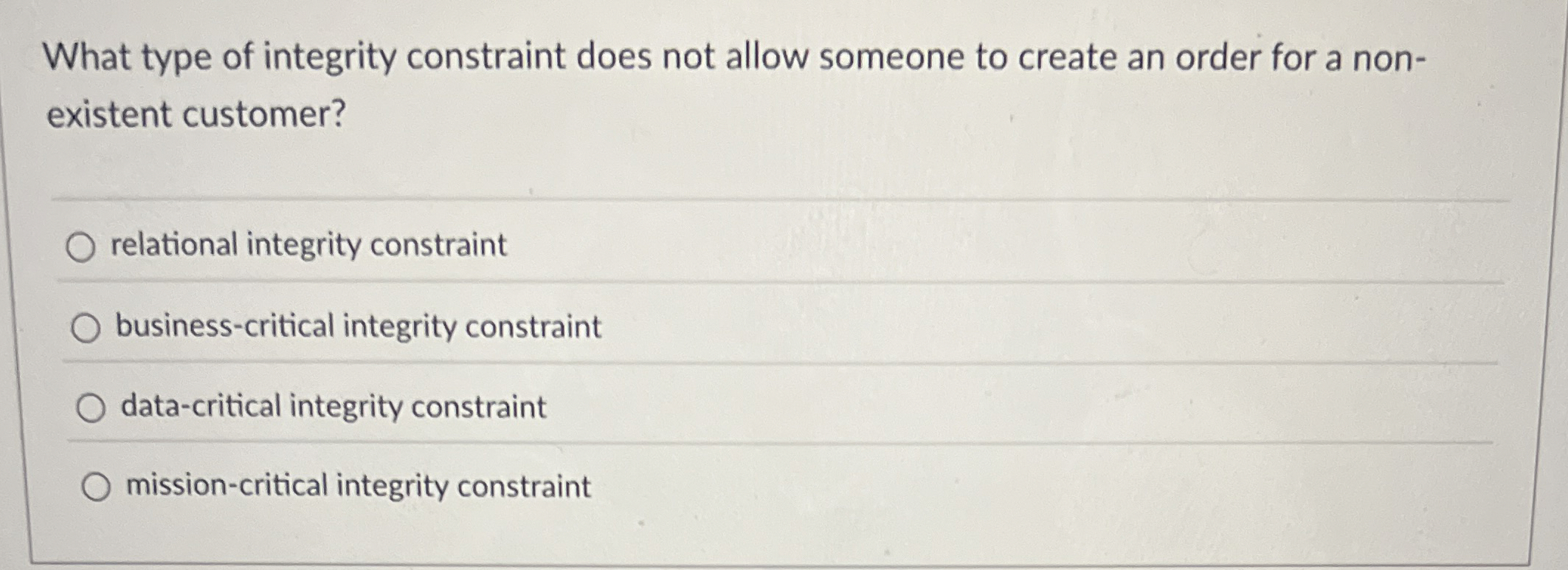 Solved What type of integrity constraint does not allow | Chegg.com