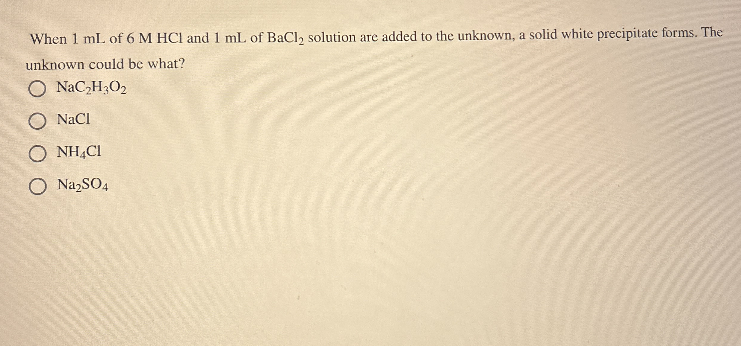 Solved When 1 ﻿mL of 6 ﻿M HCl and 1 ﻿mL of BaCl2 ﻿solution | Chegg.com