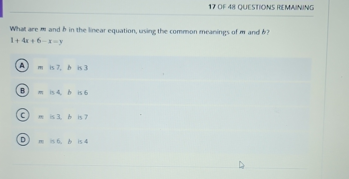 Solved 17 ﻿OF 48 ﻿QUESTIONS REMAININGWhat are m ﻿and b ﻿in | Chegg.com