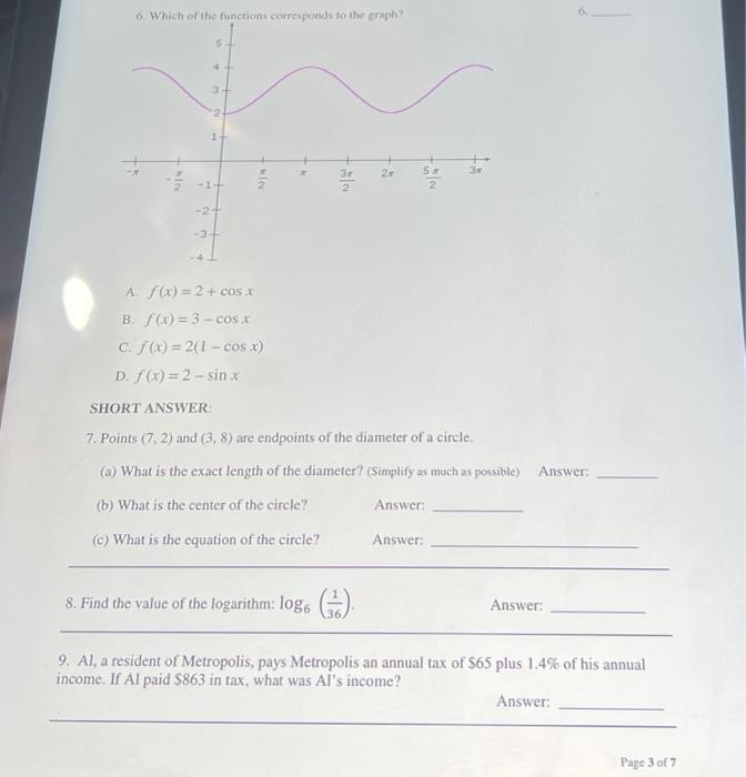 Solved 6. Which of the functions corresponds to the graph? | Chegg.com