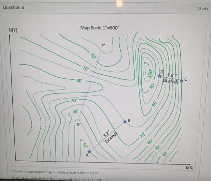 Solved Question 6 15 pts N(Y) Map Scale 1"=500 F 60 70 100 | Chegg.com