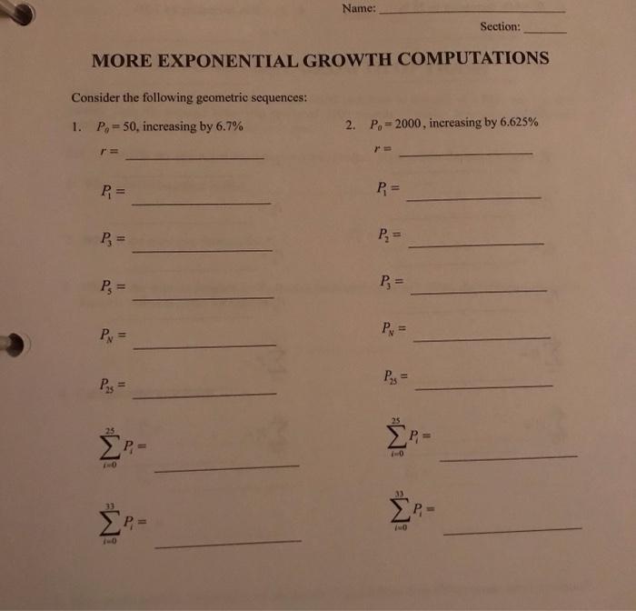 Solved MORE EXPONENTIAL GROWTH COMPUTATIONS Consider the | Chegg.com