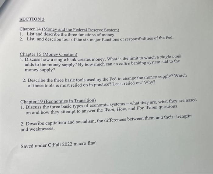 Solved SECTION 3 Chapter 14 (Money and the Federal Reserve | Chegg.com