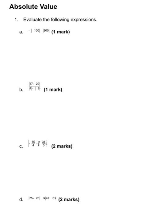 Solved Absolute Value 1. Evaluate the following expressions. | Chegg.com