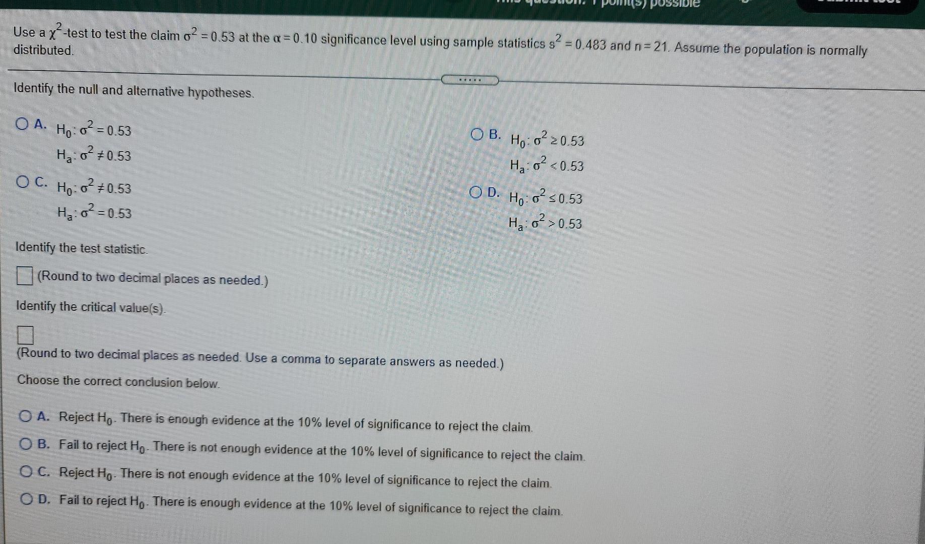 Solved U Poesible 2 Use a x?-test to test the claim o2 = | Chegg.com