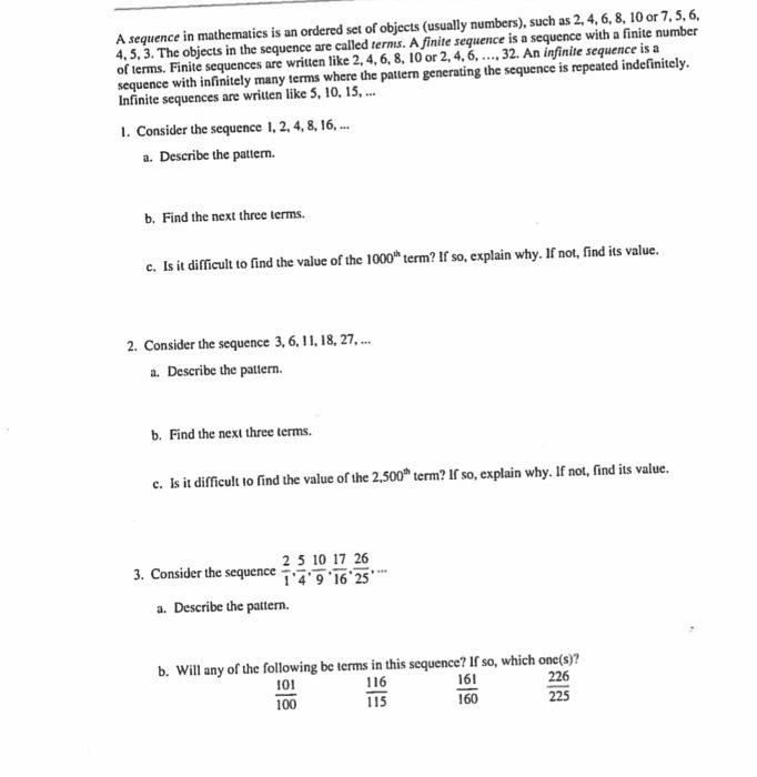 Solved A sequence in mathematics is an ordered set of | Chegg.com