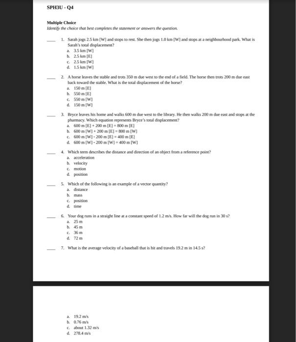 Solved SPH3U-Q4 Multiple Choice Identify the choice that | Chegg.com