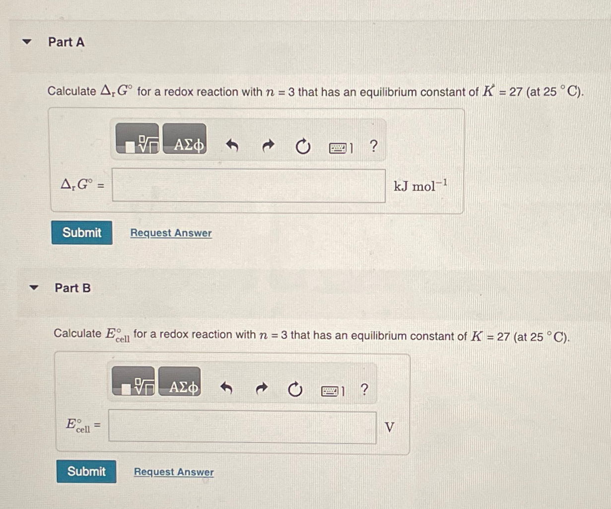 Solved Part ACalculate ΔrG° ﻿for a redox reaction with n=3 | Chegg.com