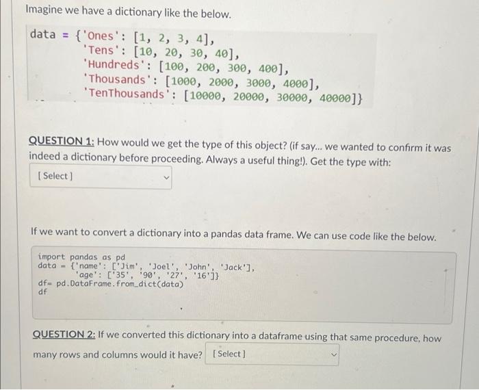 Solved Imagine we have a dictionary like the below. data = | Chegg.com