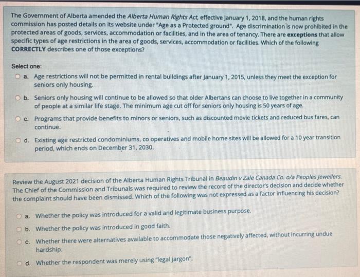 Solved The Government of Alberta amended the Alberta Human | Chegg.com