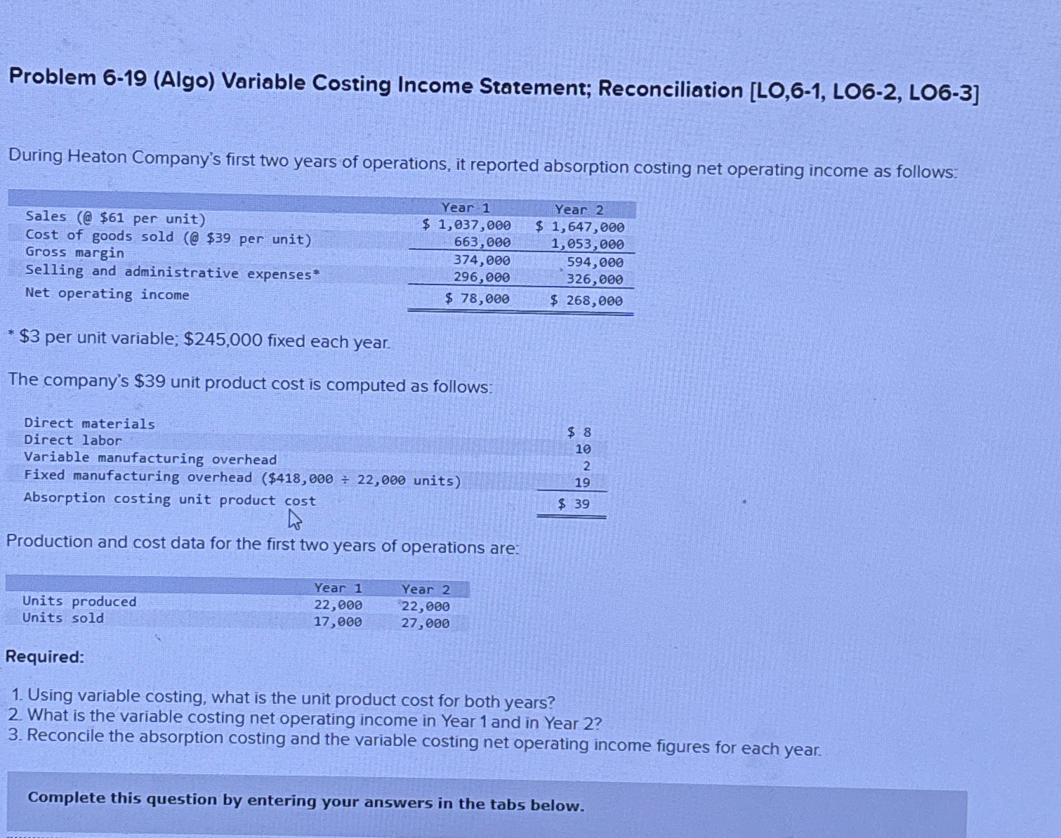Solved Problem 6-19 (Algo) Variable Costing Income | Chegg.com Solved Problem 6-19 (Algo) Variable Costing Income | Chegg.com