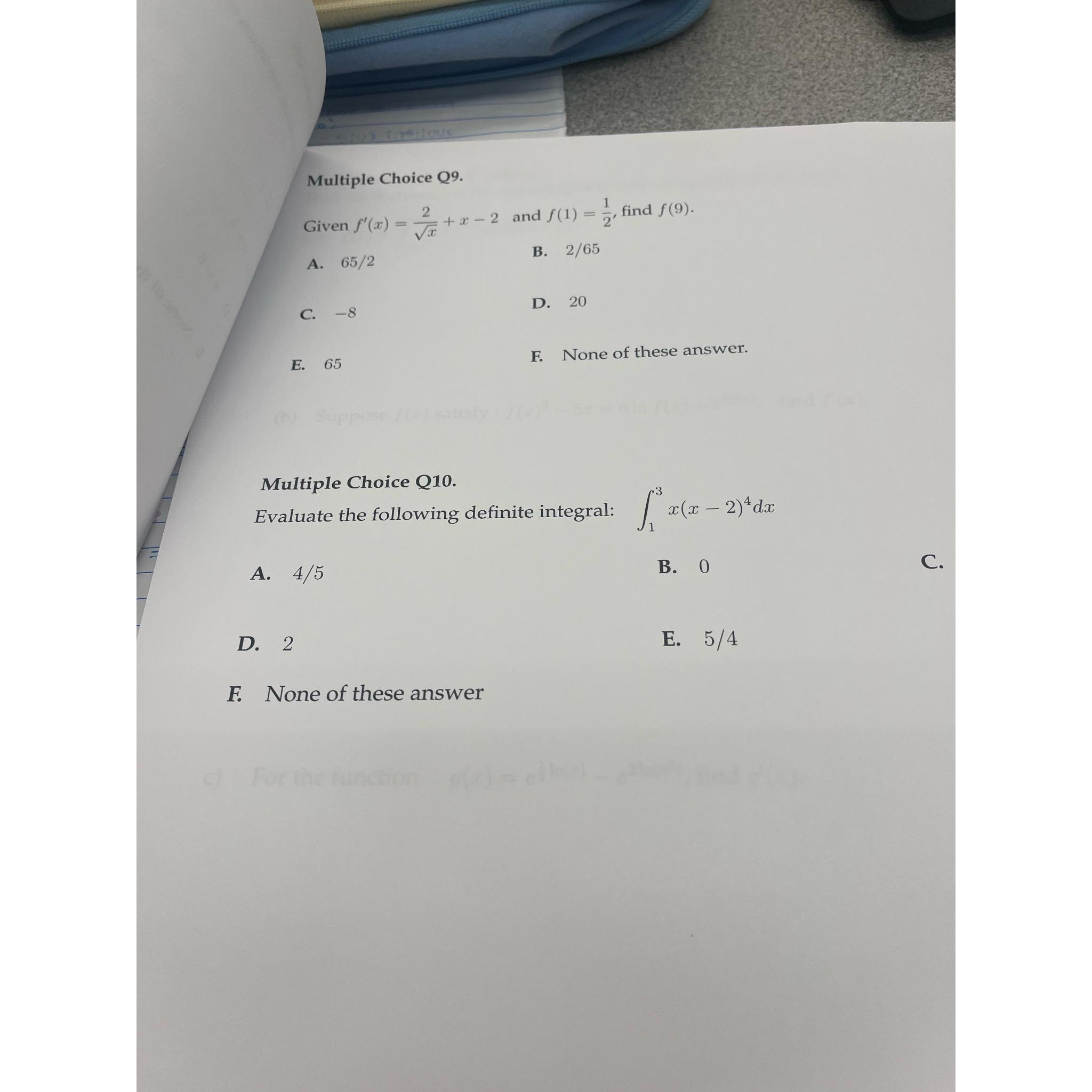 Solved Multiple choice Q9. ﻿Given f'(x)=2x2+x-2 ﻿and | Chegg.com