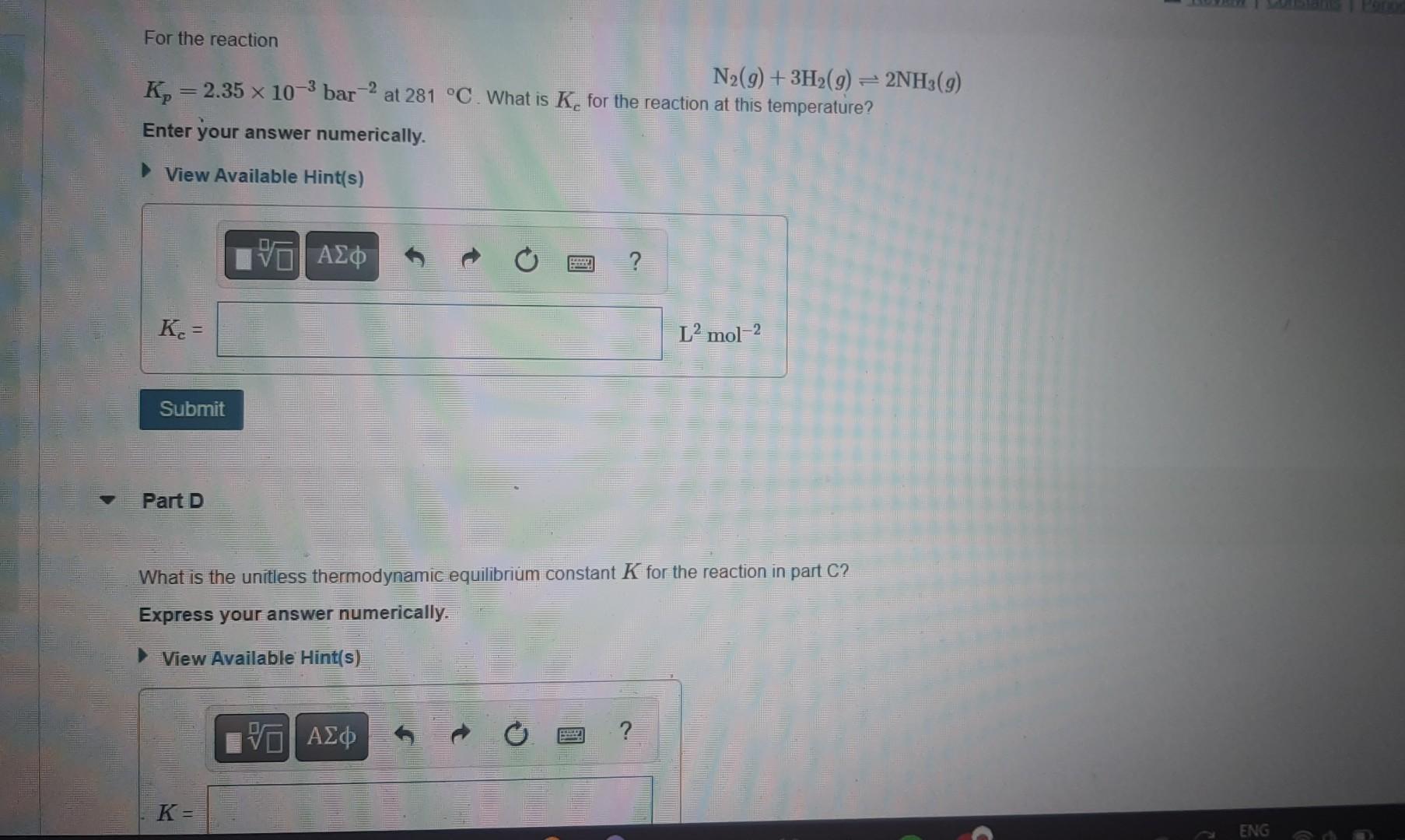 Solved For the reaction Enter your answer numerically. View | Chegg.com