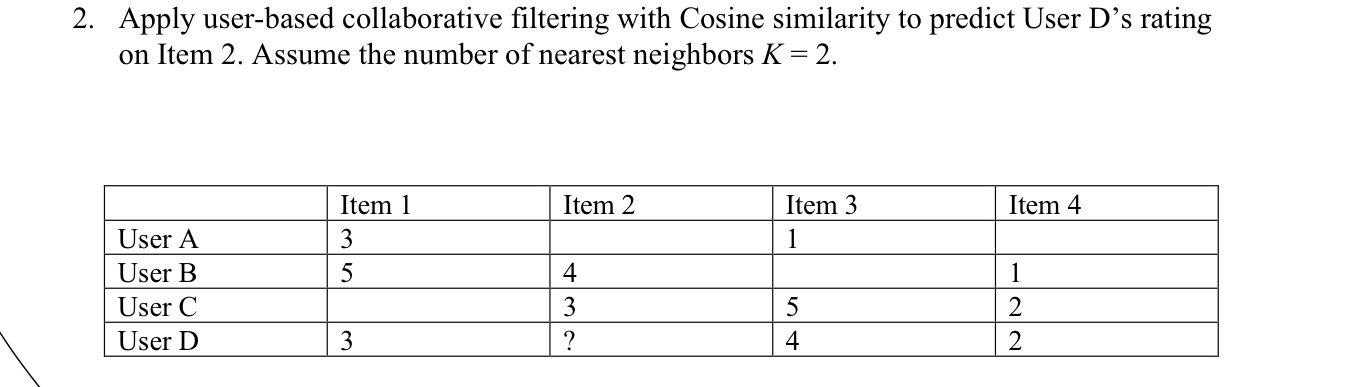 Solved Apply user-based collaborative filtering with Cosine | Chegg.com