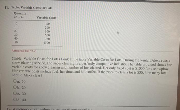 Solved 11. Table: Variable Costs for Lots Quantity of Lots | Chegg.com