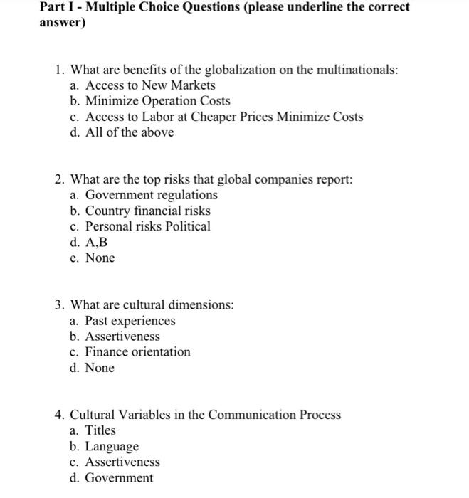 Solved Part I - Multiple Choice Questions (please underline | Chegg.com