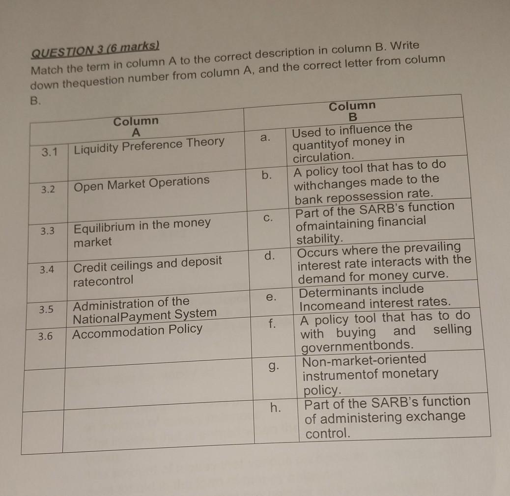 Solved QUESTION 3 (6 marks) Match the term in column A to | Chegg.com Solved QUESTION 3 (6 marks) Match the term in column A to | Chegg.com